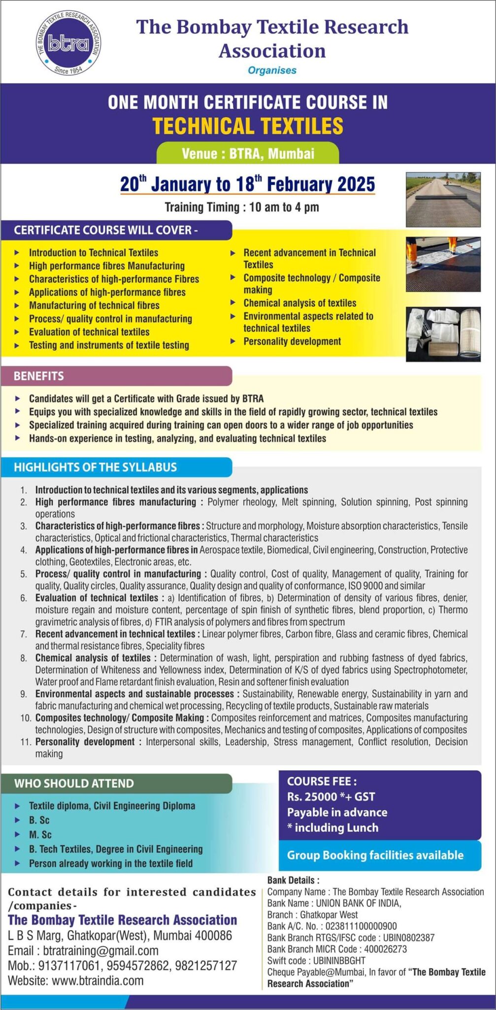 One Month Certificate course in Technical Textiles – BTRA